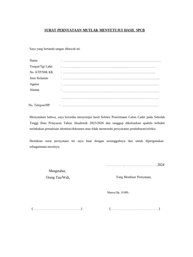 Form Surat Pernyataan Mutlak Hasil Seleksi SPCB 2025 | PDF