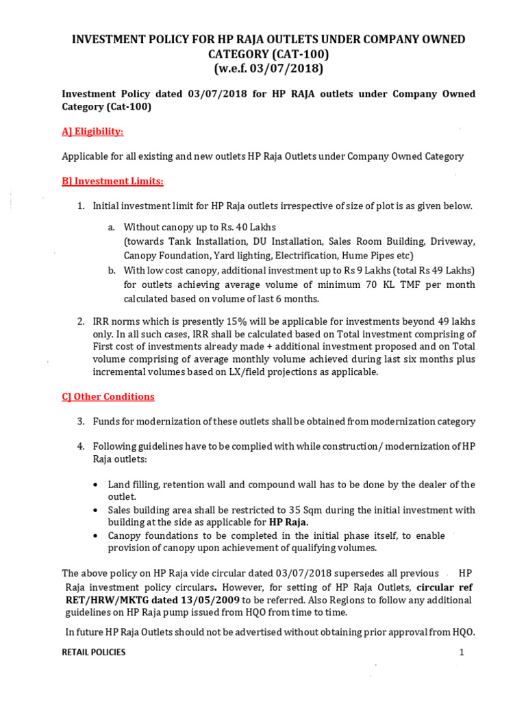 HP Raja Outlets Investment Policy | PDF