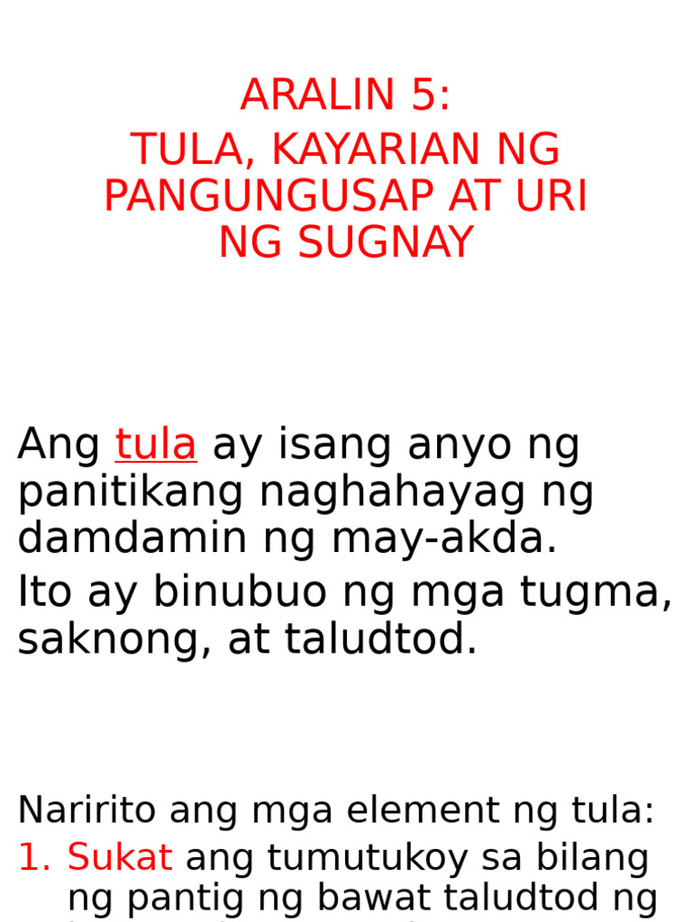 Aralin 5: Tula, Kayarian NG Pangungusap at Uri NG Sugnay | PDF