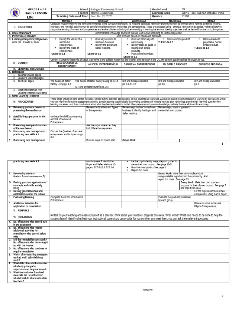 DLL - Tle 6 - Entrep & Ict - q1 - w1 | PDF | Educational Technology ...