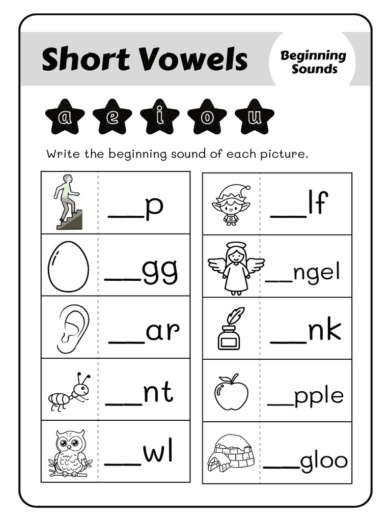 English Short Vowels Beginning Sounds Worksheet Black and White Lined ...
