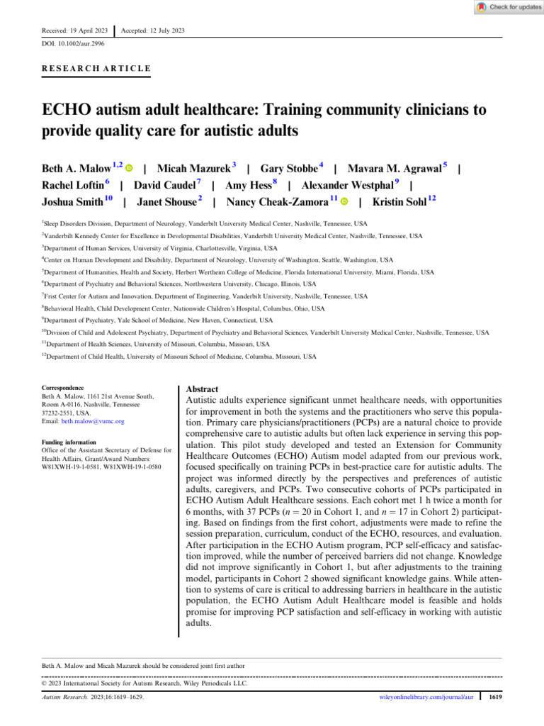 Autism Research - 2023 - Malow - ECHO Autism Adult Healthcare Training ...