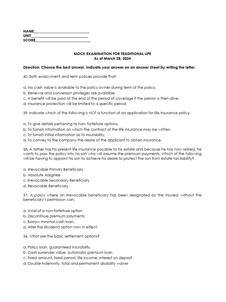 Mock Exam Trad No Answer | PDF | Insurance | Life Insurance