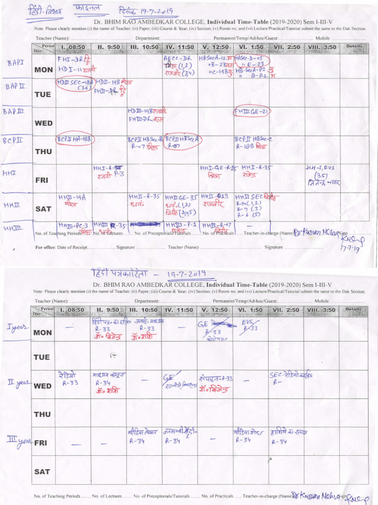 Time Table Hindi & HJMC Sem - I, III & V | PDF