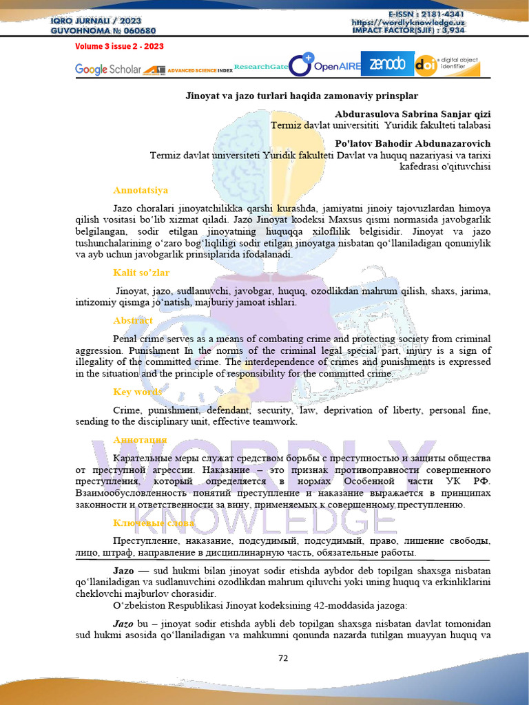 Jinoyat Va Jazo Turlari Haqida Zamonaviy Prinsplar Abdurasulova Sabrina Sanjar Qizi Po'latov ...