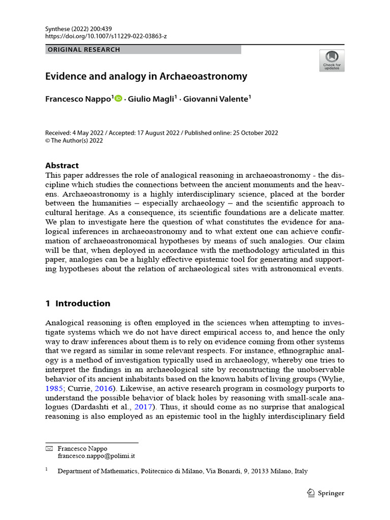 Archaeoastronomy Magli Et Al Synthese 2022 | PDF | Science | Epistemology
