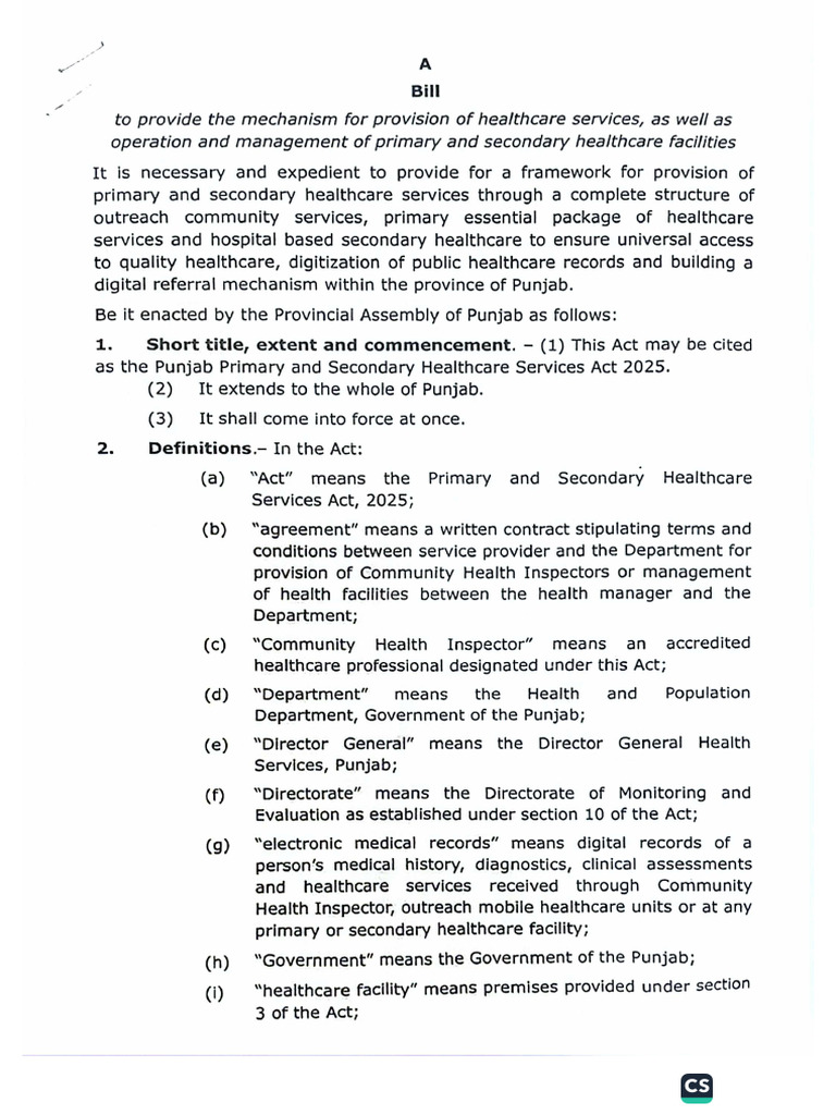 Primary & Secondary Healthcare Services Act, 2025 | PDF
