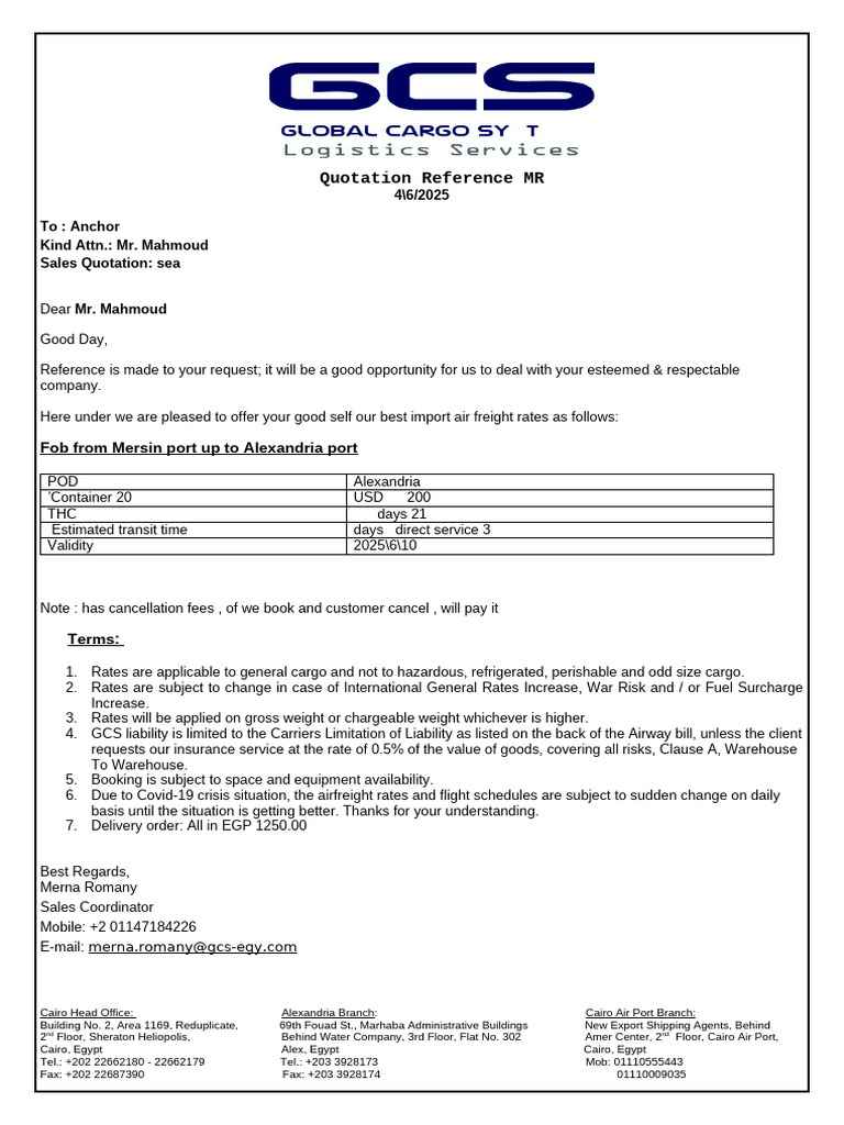 Anchor Quotation Rate - Fcl-Fob From Mersin Port Up To Alexandria Port ...