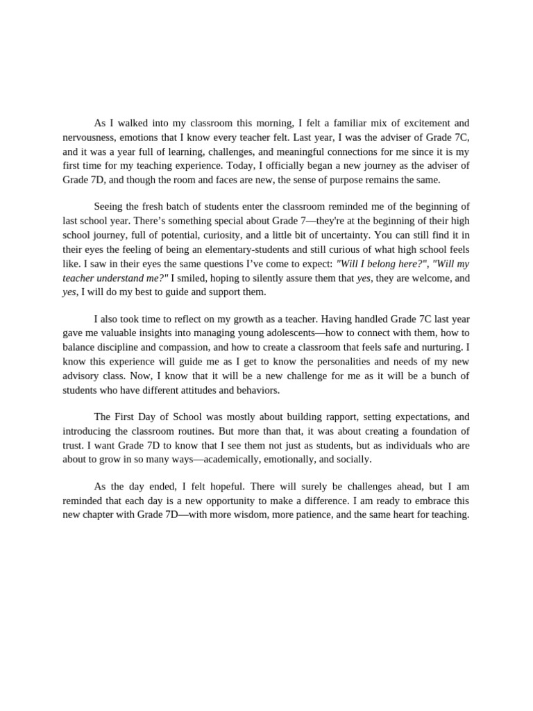 First Day of School Reflection | PDF