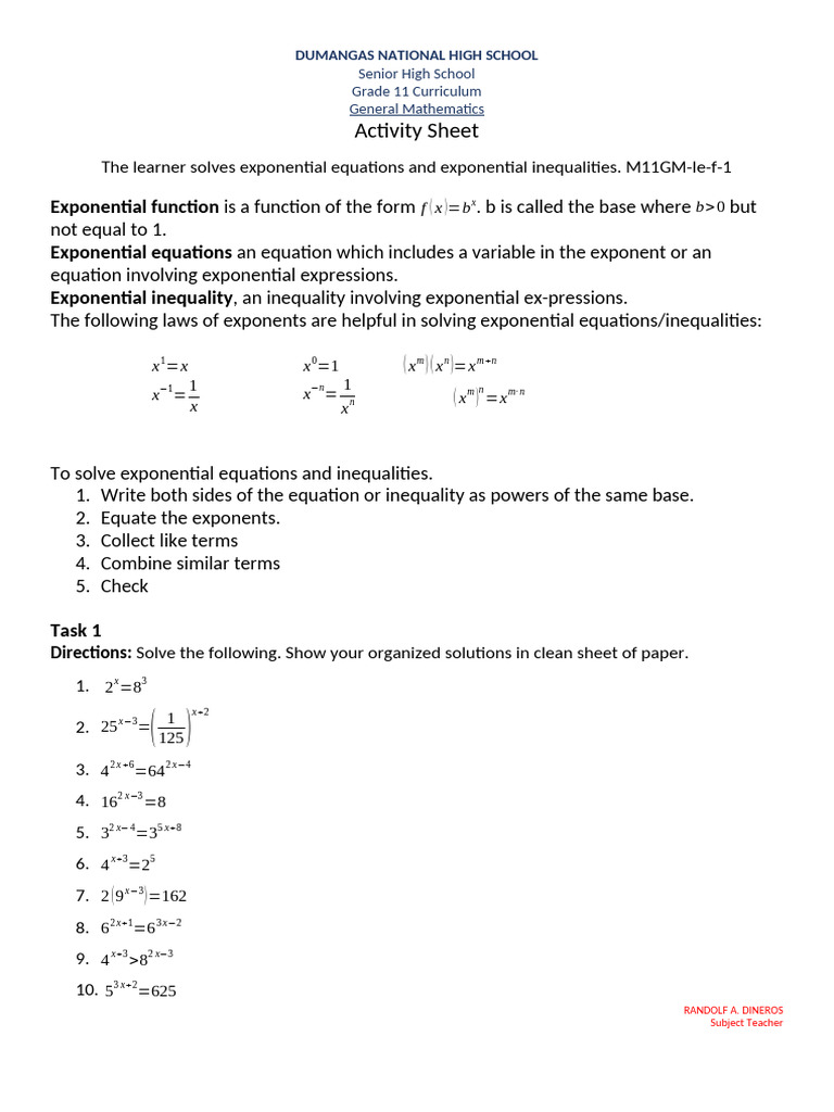 Activity Sheet-Solving Exponential Eauations and Inequalities | PDF