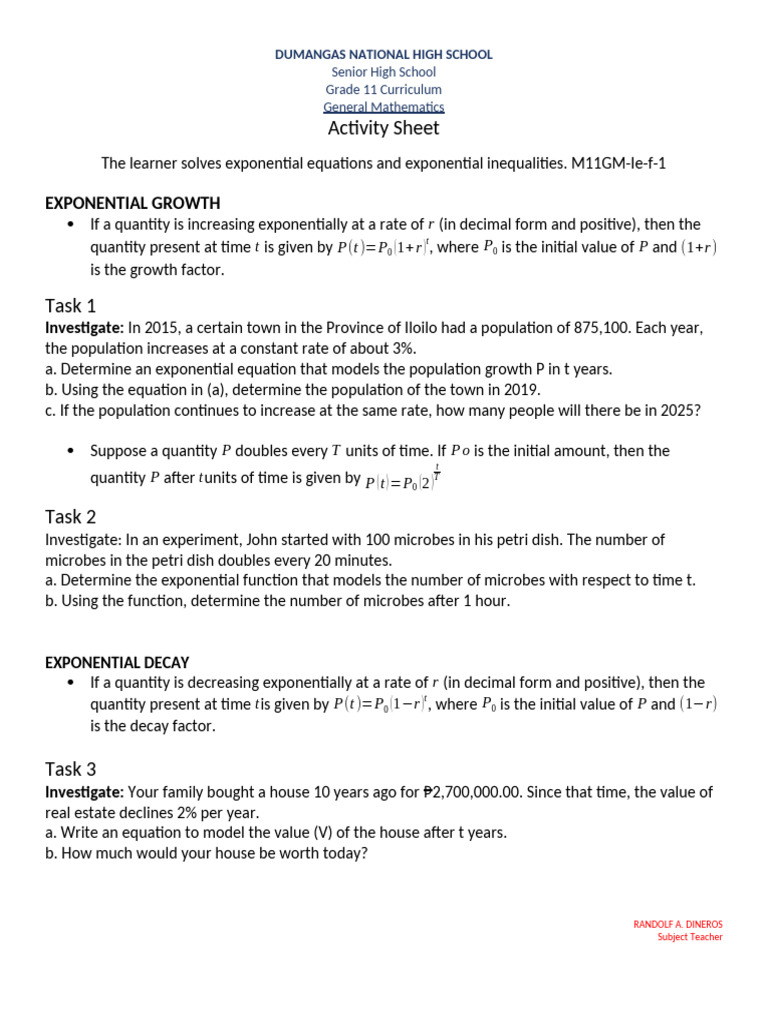 Activity Sheet-Solving Problems Involving Exponential FUnctions | PDF | Exponential Function ...
