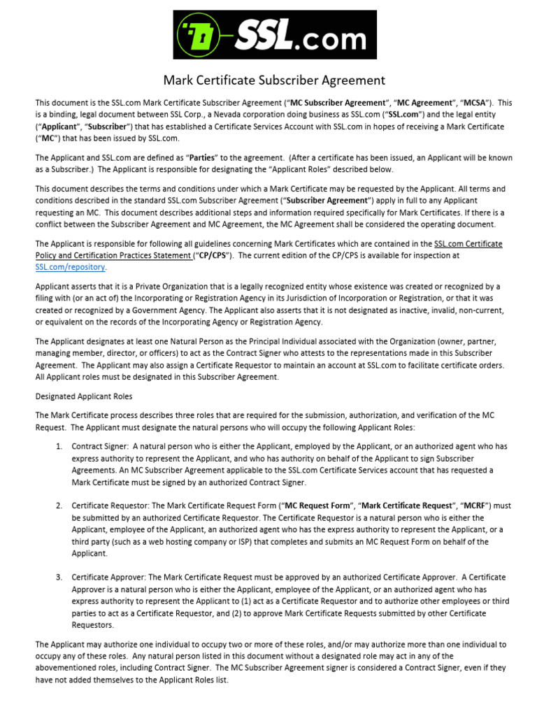 SSLcom MC Subscriber Agreement v1.0 | PDF | Business | Business Law