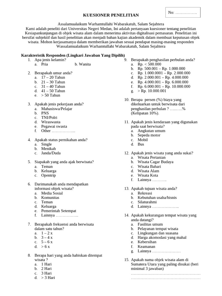 (Kuesioner) Model Dampak Pemasaran Digital Pada Objek Wisata Sumatera Utara | PDF