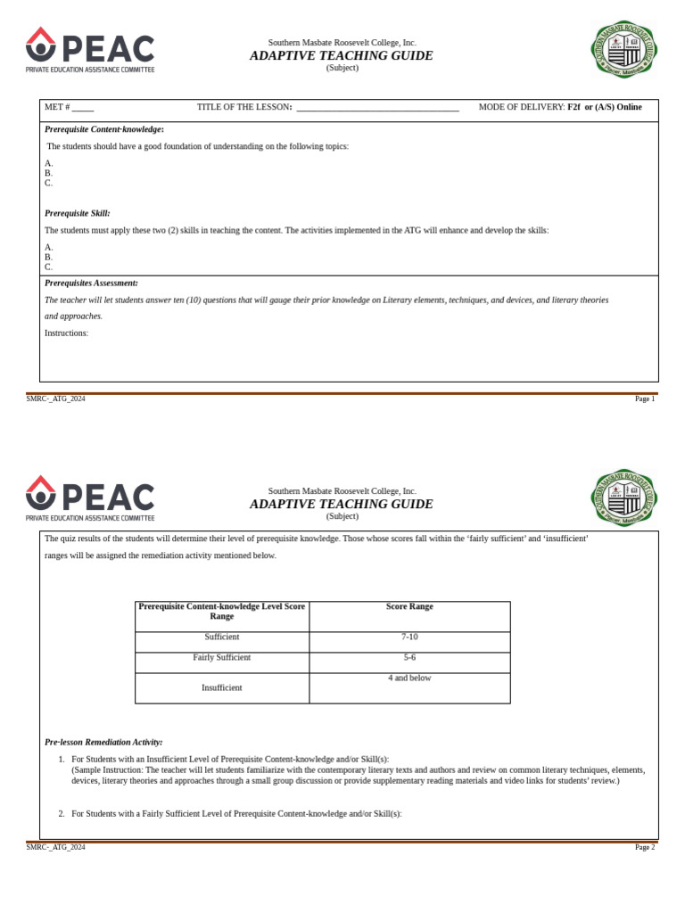 ADAPTIVE TEACHING GUIDE Template | PDF | Teachers | Learning