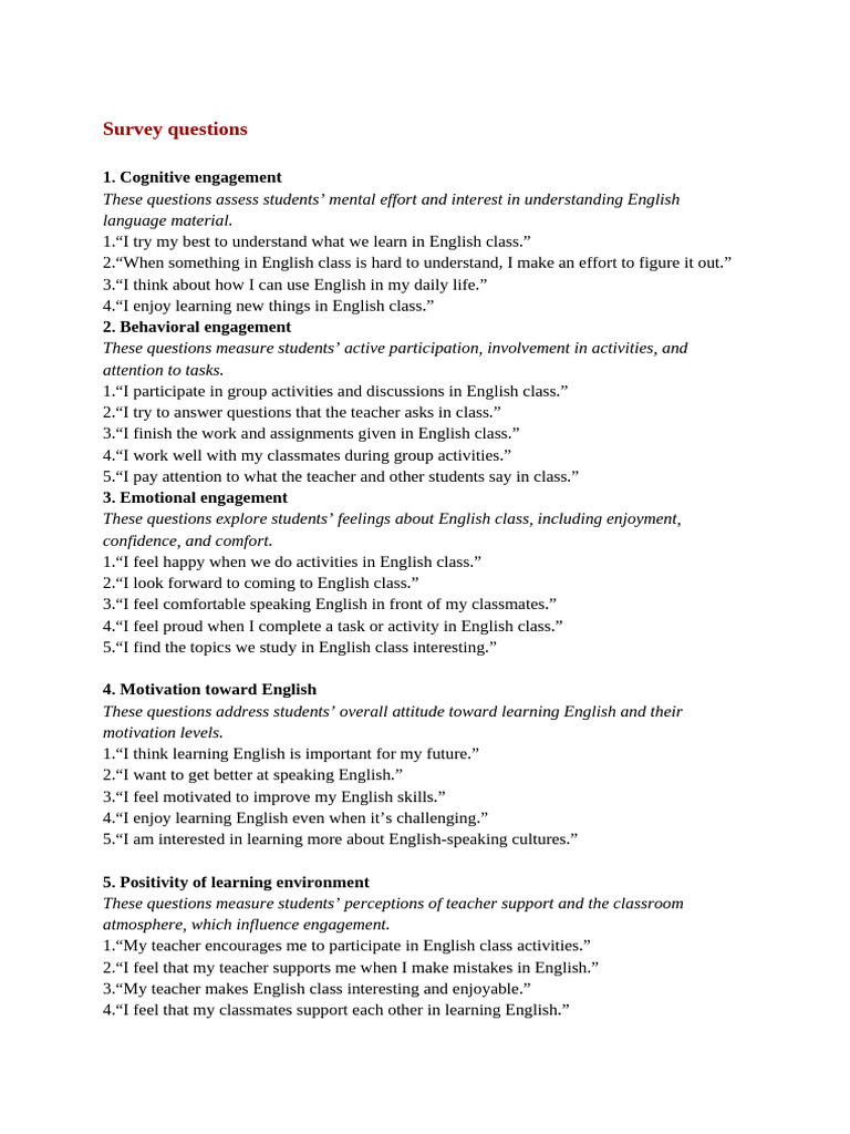 Student Engagement in English Class Survey | PDF