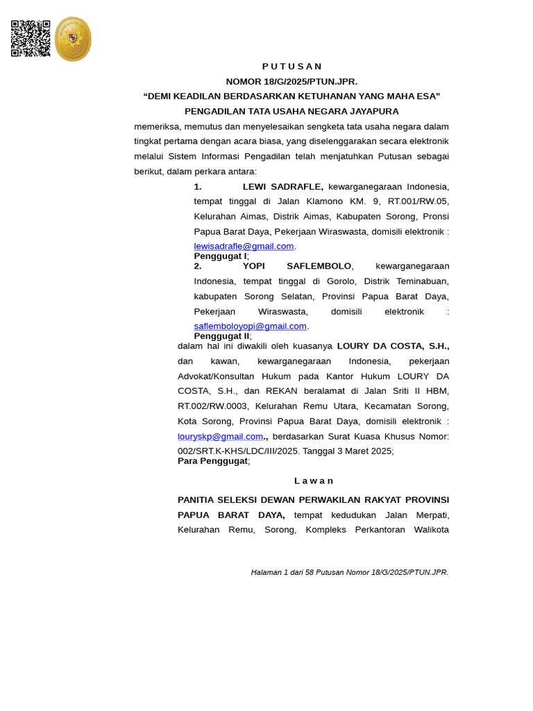 Putusan 18 G 2025 Ptun - JPR 20250618125039 | PDF