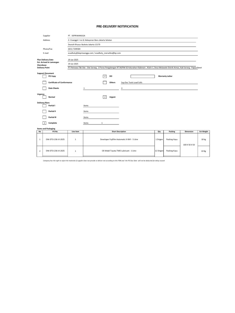 BP-PDN GOO For Lamongan Shorebase - Depriwangga - Vessel 20 Jun 2025 | PDF