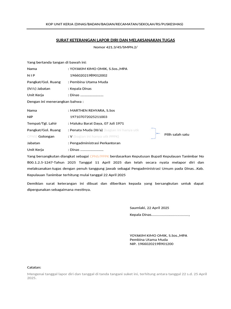 Contoh Format Suket Lapor Diri Cpns Dan PPPK | PDF