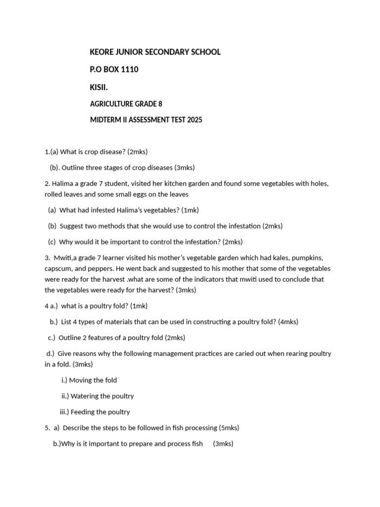 Grade 8 Agriculture Midterm Test 2025 | PDF
