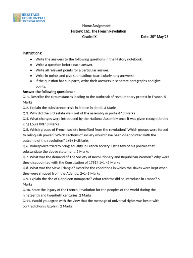 HW History Grade IX French Revolution 25-26 | PDF