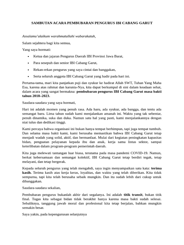 Sambutan Acara Pembubaran Pengurus Ibi Cabang Garut | PDF