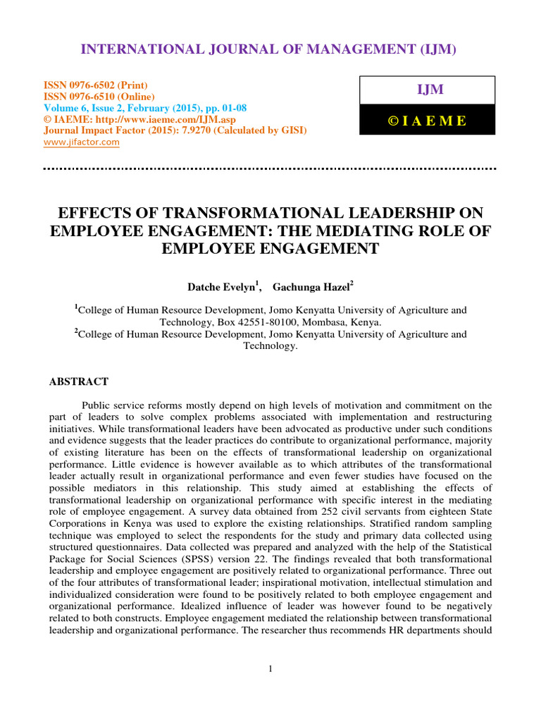 Effects of Transformational Leadership o | PDF | Transformational Leadership | Leadership