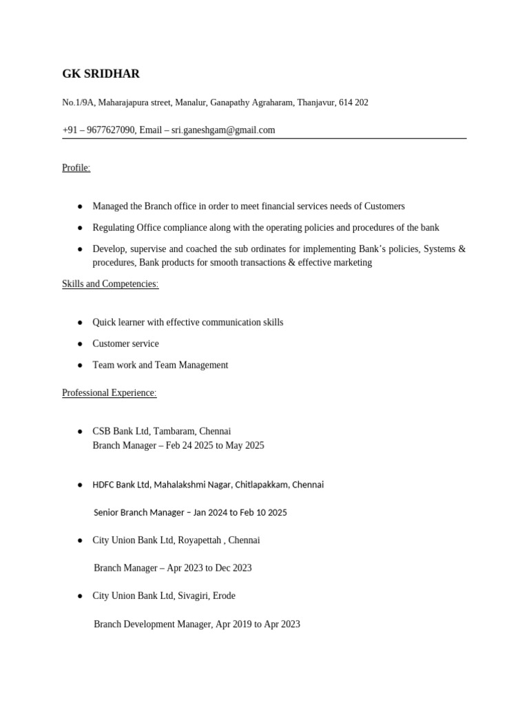 GK Sridhar Resume June2025 | PDF