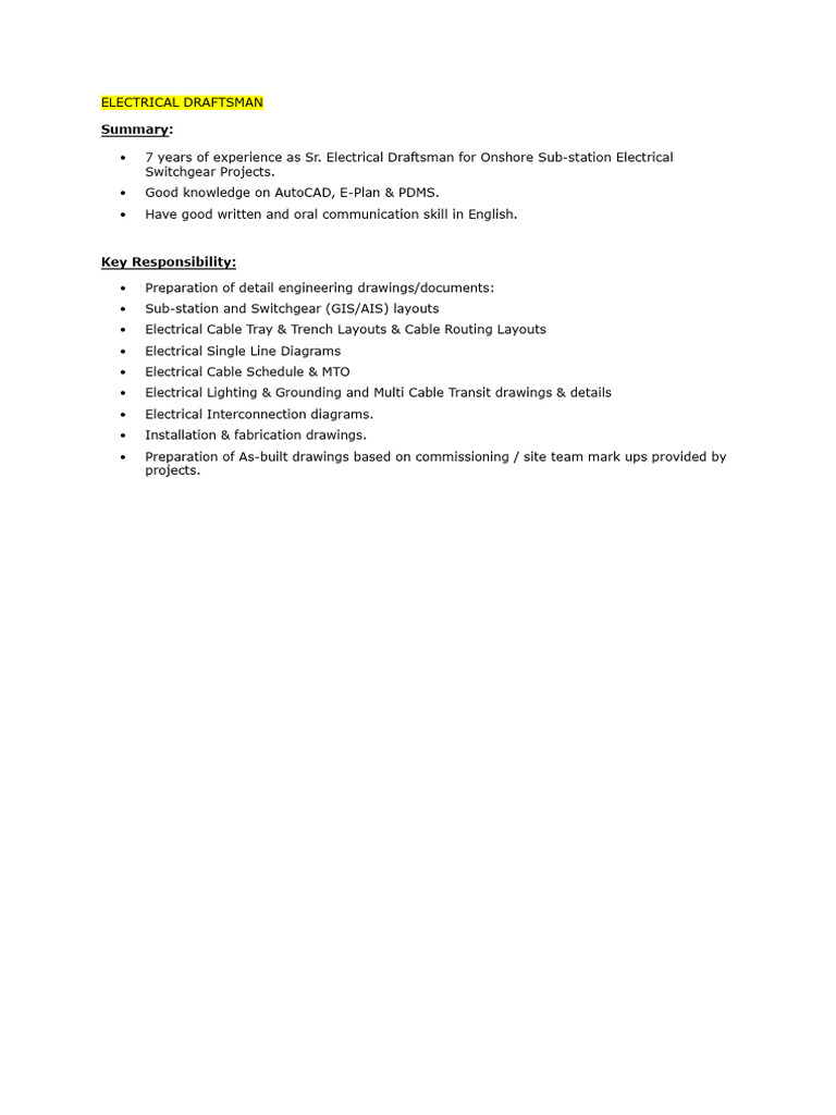 Ele Draftsman Typical Job Details | PDF