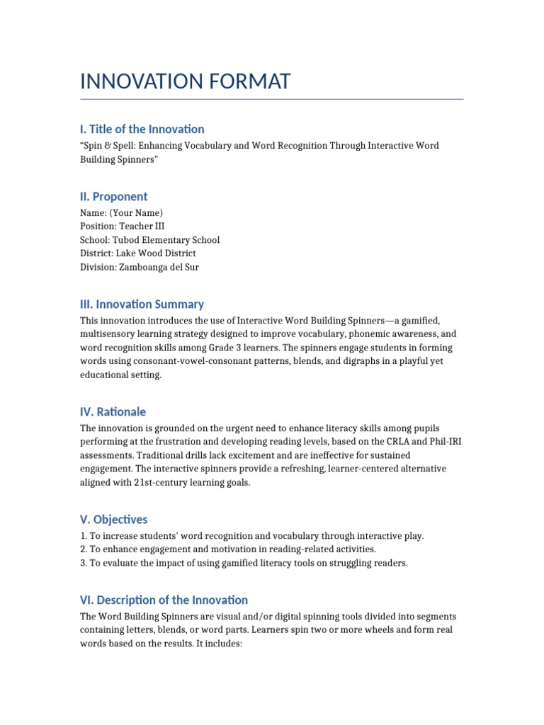 Innovation Format Spin and Spell | PDF | Cognition | Behavior Modification