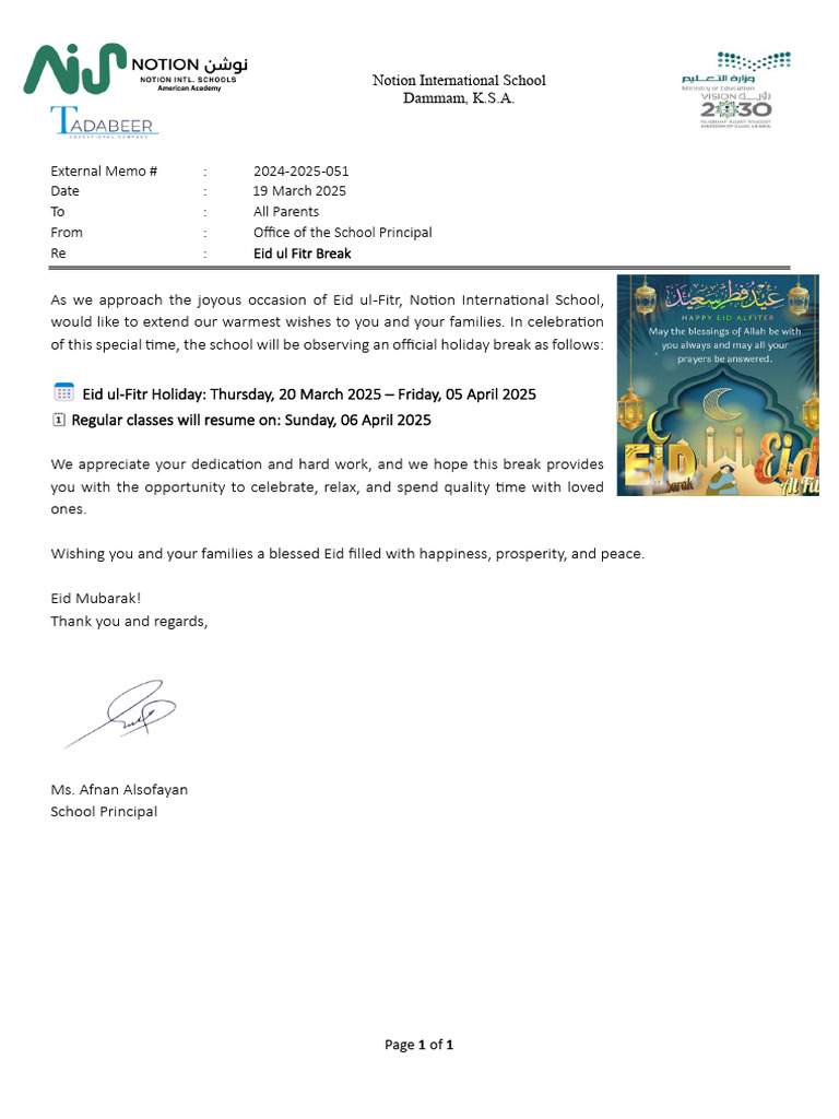 24-25 External Memo #051 - Eid Ul Fitr Break | PDF