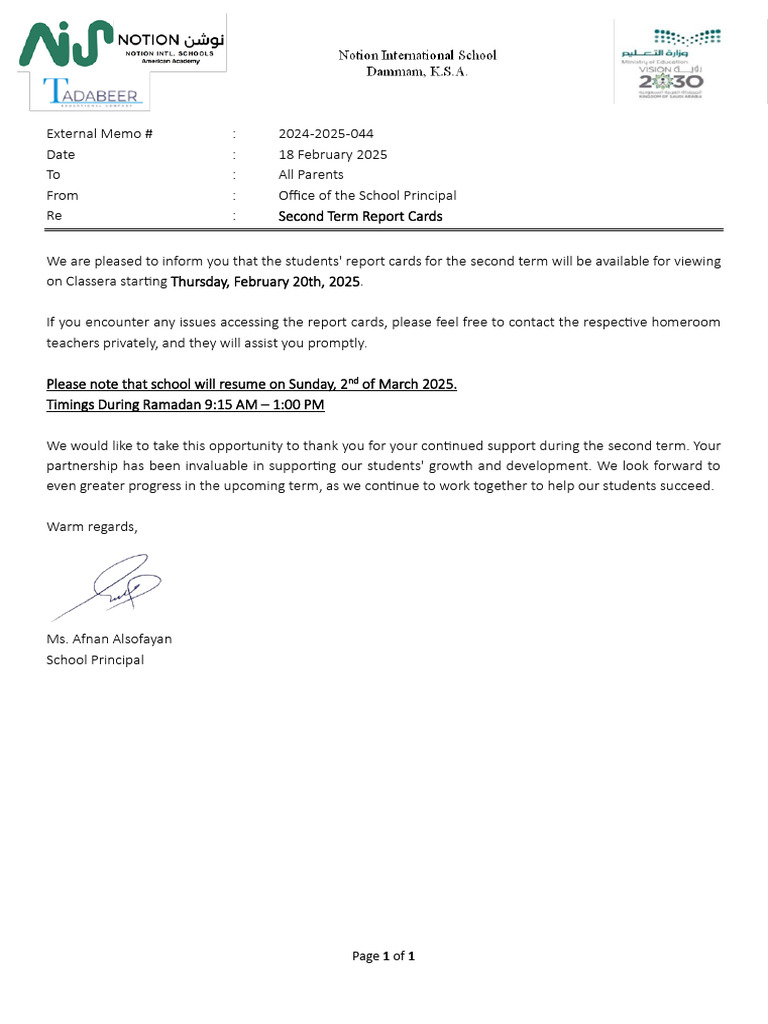 24-25 EXTERNAL MEMO #044 - Second Term Report Cards | PDF