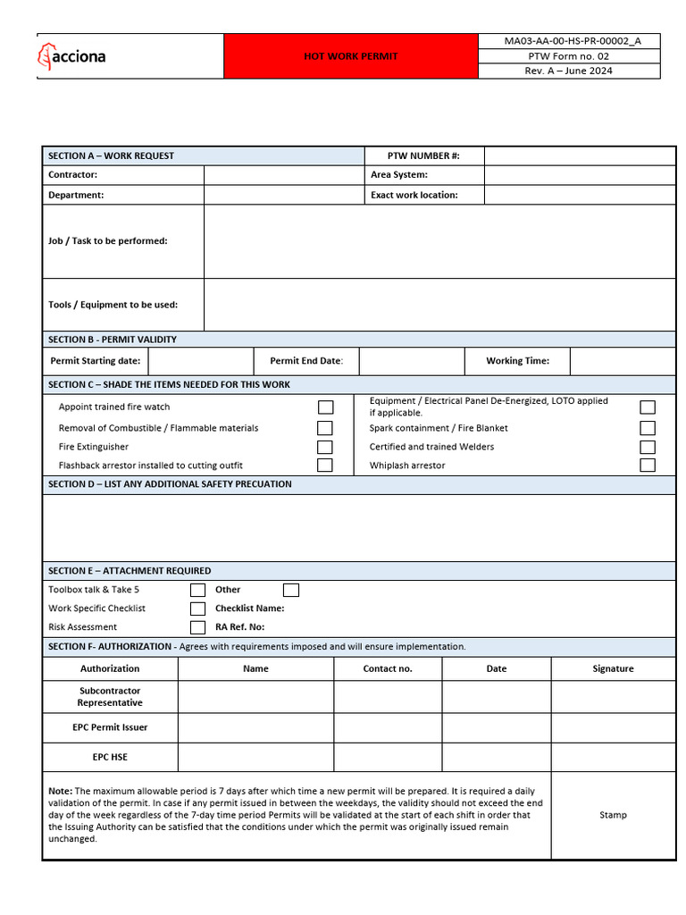 10.2 Appendix II Hot Work Permit | PDF | Occupational Safety And Health ...