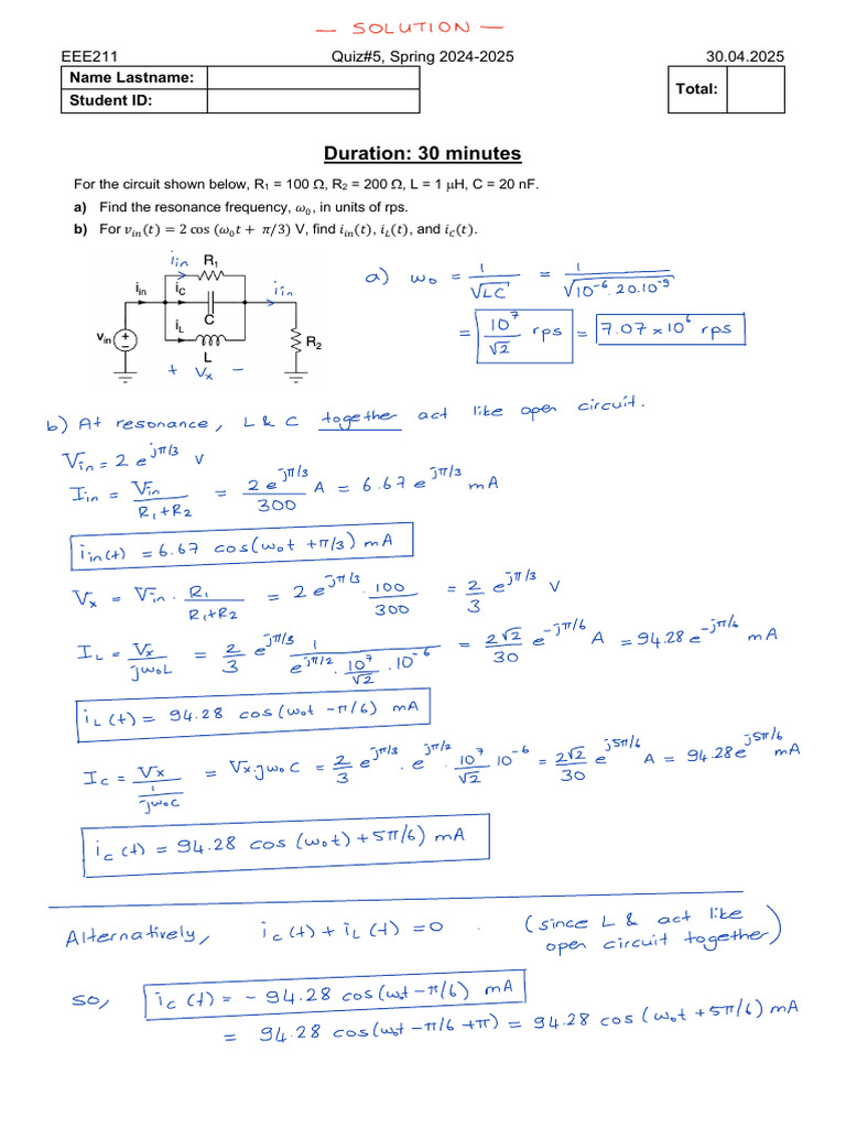 EEE211 Quiz5 Spring2025 Solution | PDF