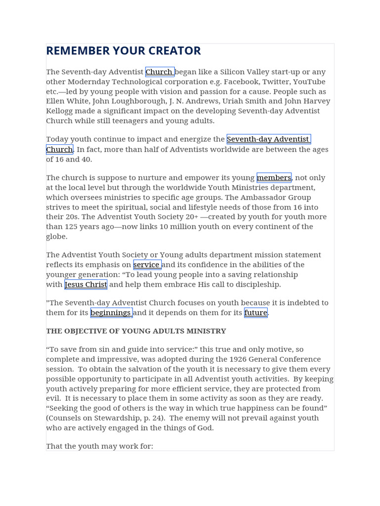 Remember Your Creator | PDF | Seventh Day Adventist Church | Christian ...