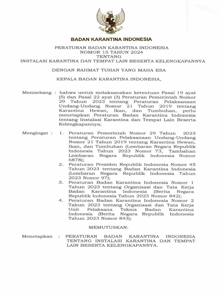 Peraturan Karantina No. 15 Tahun 2024 | PDF
