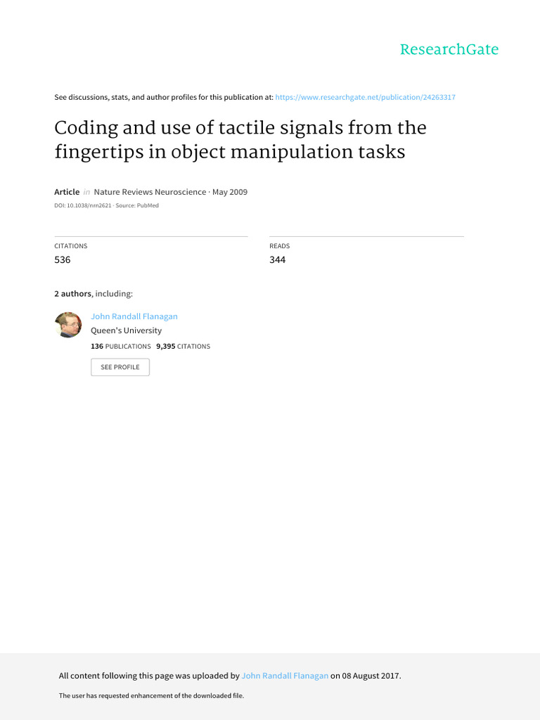 Coding and Use of Tactile Signals From The Fingertips in Object Manipulation Tasks - Jahansson ...