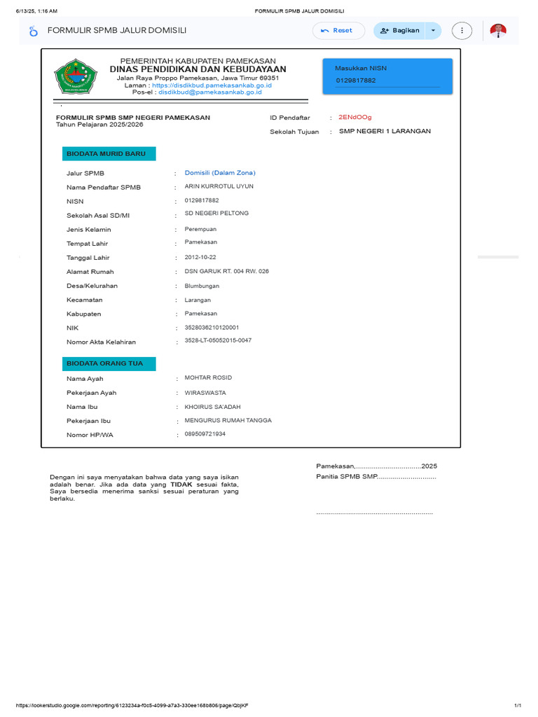 Formulir SPMB Jalur Domisili - Arin | PDF