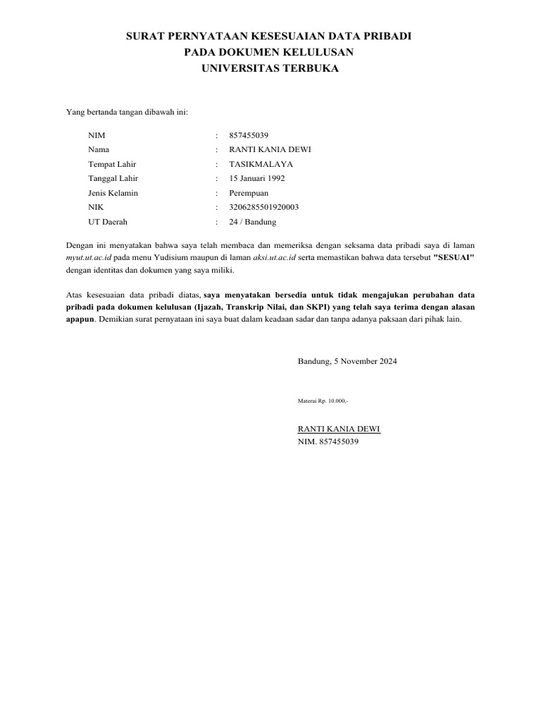 Surat Pernyataan Ranti | PDF