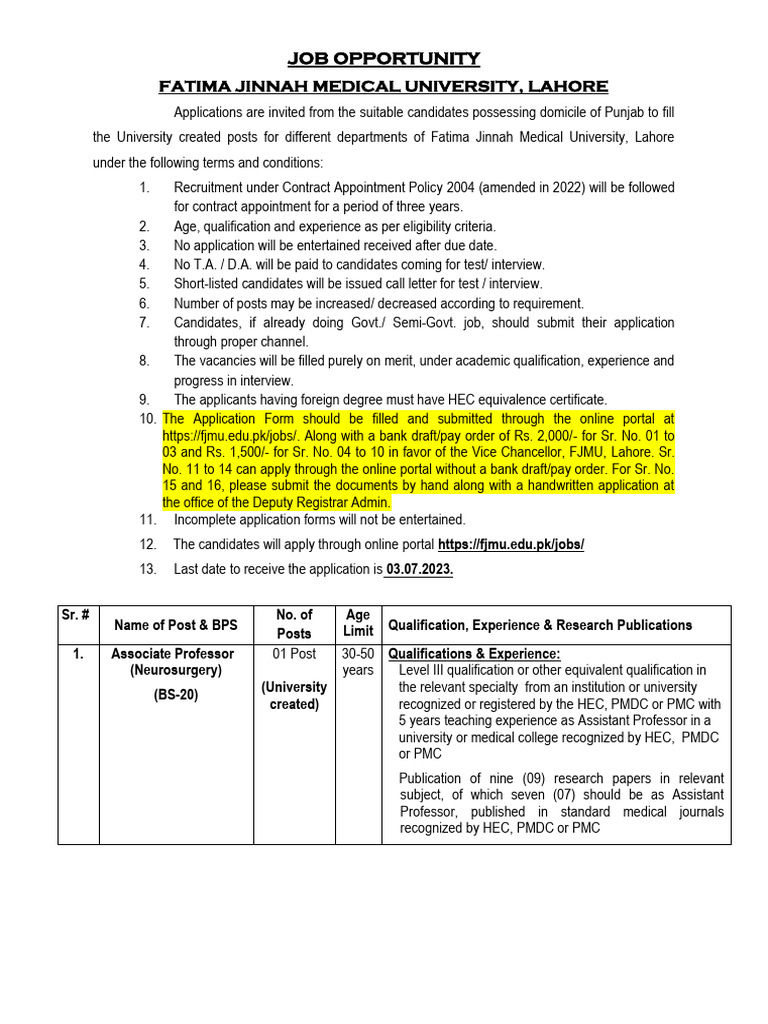 FATIMA JINNAH MEDICAL UNIVERSITY Jobs | PDF | Computing