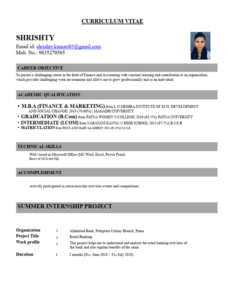 Finance and Accounting CV of Shrishty | PDF