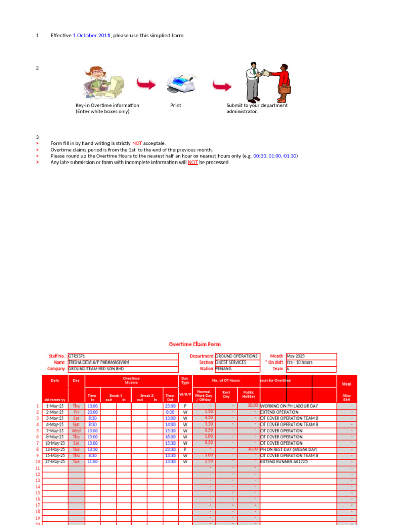 Ot Form Trisha May 2025 | PDF | Labor | Industrial Relations
