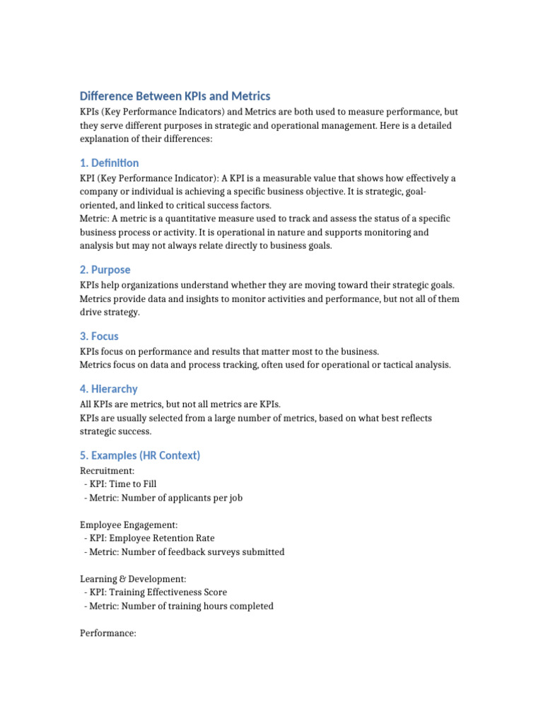 Difference Between KPIs and Metrics | PDF