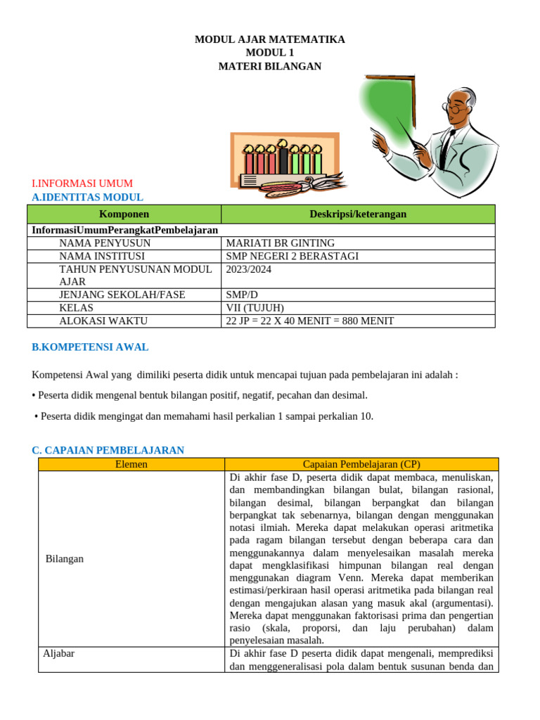 Mariati BR Ginting MODUL AJAR MM BILANGAN KELAS VII | PDF