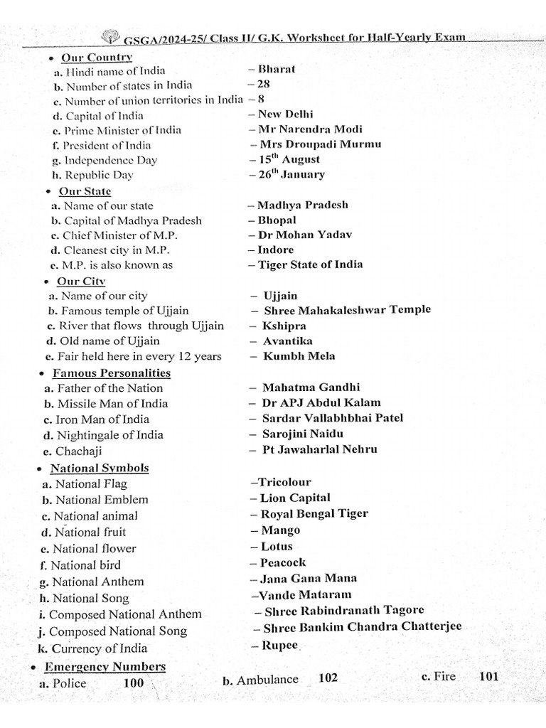 Class II GK Worksheet | PDF