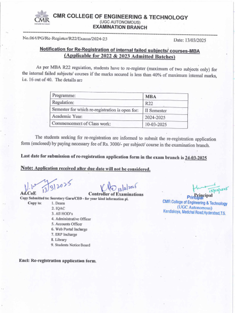 Notification For MBA II Semester Re-Registration of Internal Failed ...