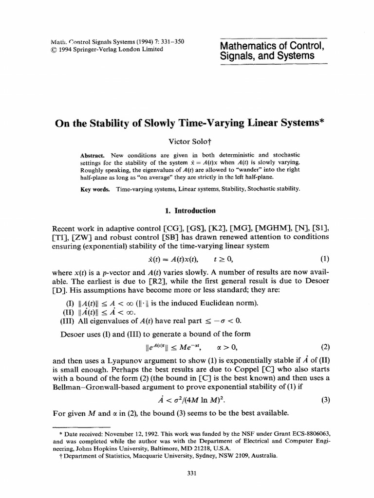 V Solo 1994 On The Stability of Slowly Time-Varying Linear Systems ...