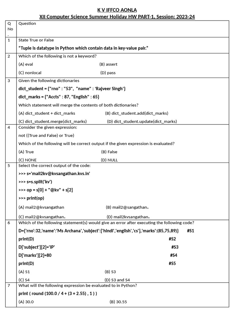Summer Holiday HW XII CS 2023-24 Part-1 | PDF | Python (Programming ...