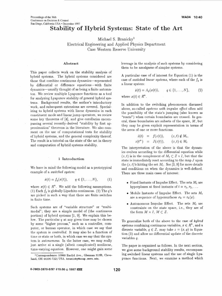 M S Branicky 1997 Stability of Hybrid Systems - State of The Art | PDF | Stability Theory ...