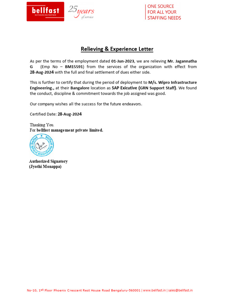 Netambit Relieving Letter for Jagannatha | PDF