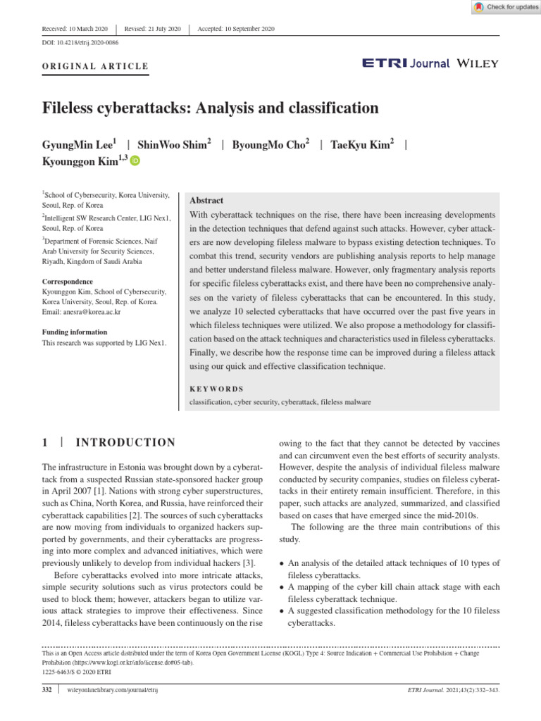 ETRI Journal - 2020 - Lee - Fileless Cyberattacks Analysis and Classification | PDF | Malware ...